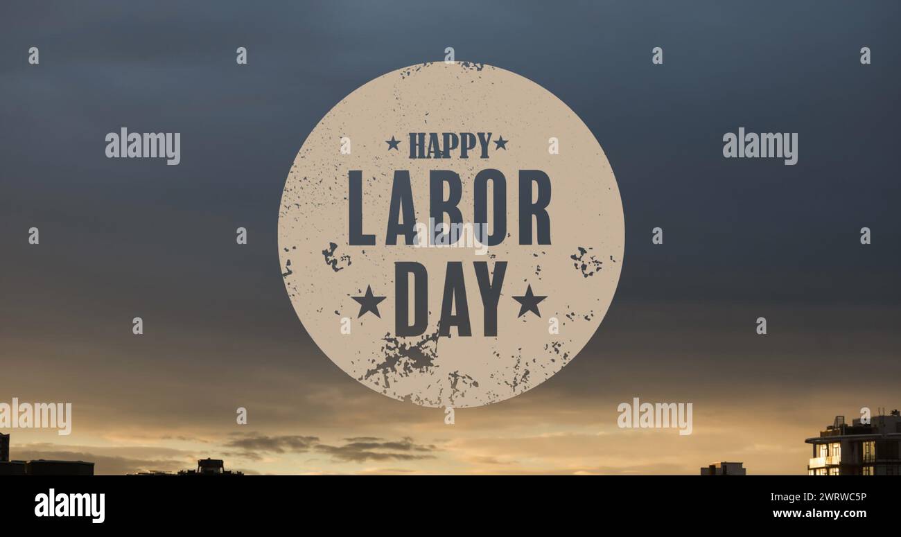 Image of happy labor day text over cityscape Stock Photo - Alamy
