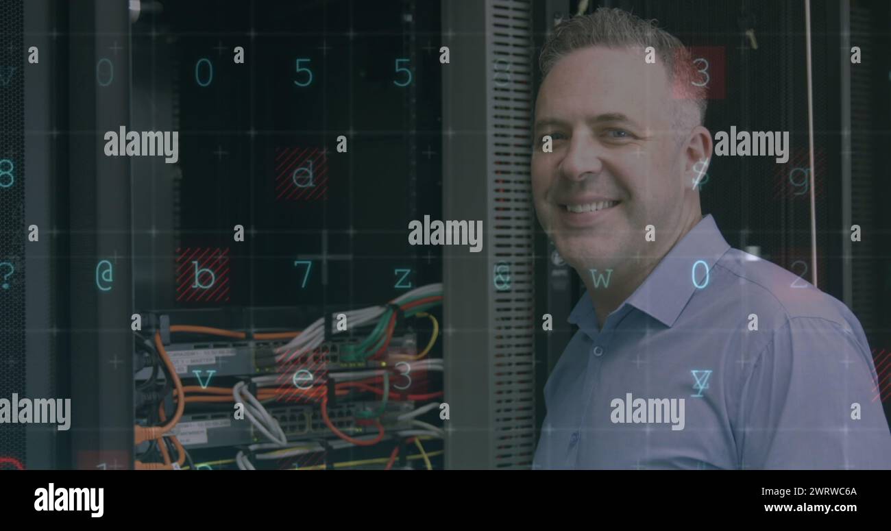 Image of data processing over caucasian server room worker Stock Photo - Alamy