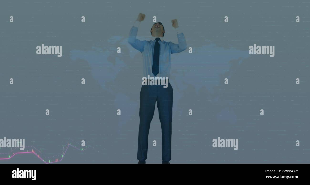 Image of financial data over world map and caucasian businessman ...