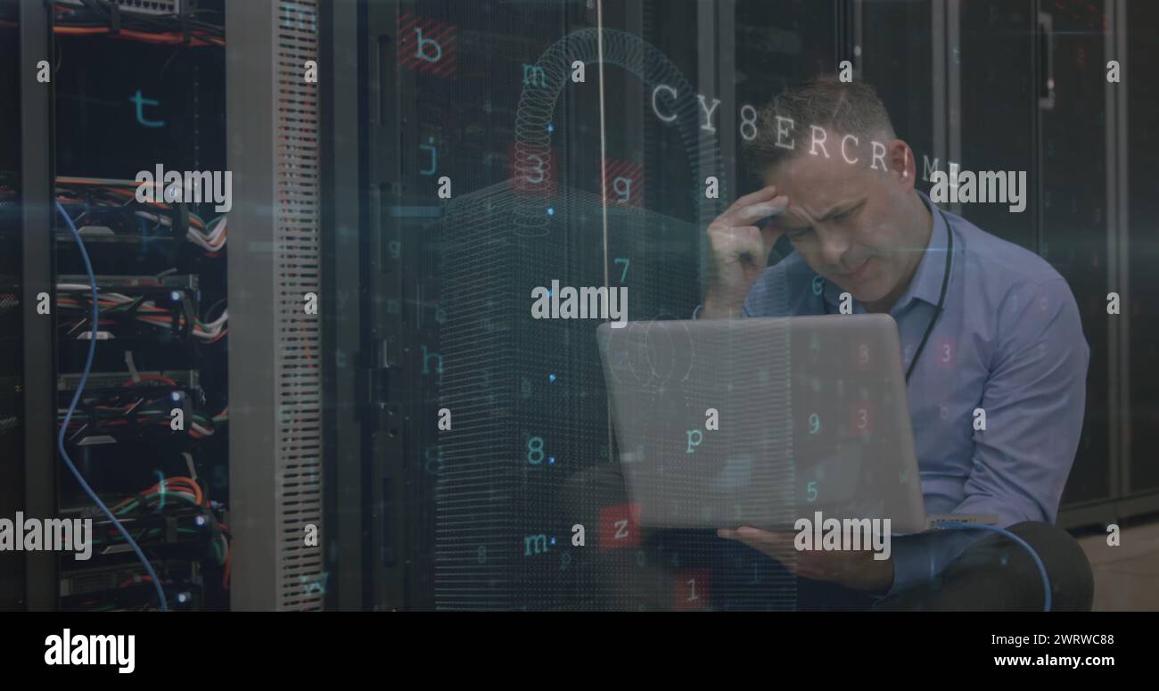 Image of data processing over caucasian server room worker Stock Photo - Alamy