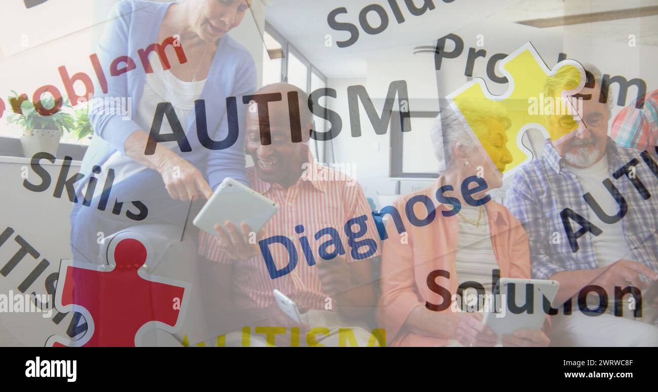 Image of colourful puzzle pieces and autism text over senior friends ...