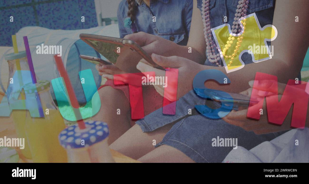 Image of colourful puzzle pieces and autism text over friends sing ...