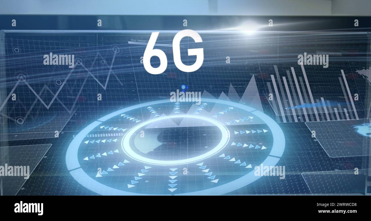 Image of 6g text and scanner processing data on charts and graphs over ...