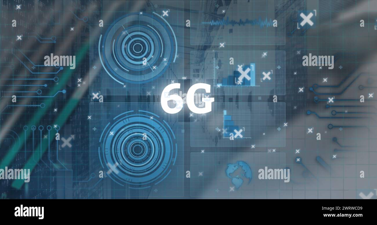 Image of 6g text and data processing on charts and graphs over computer ...
