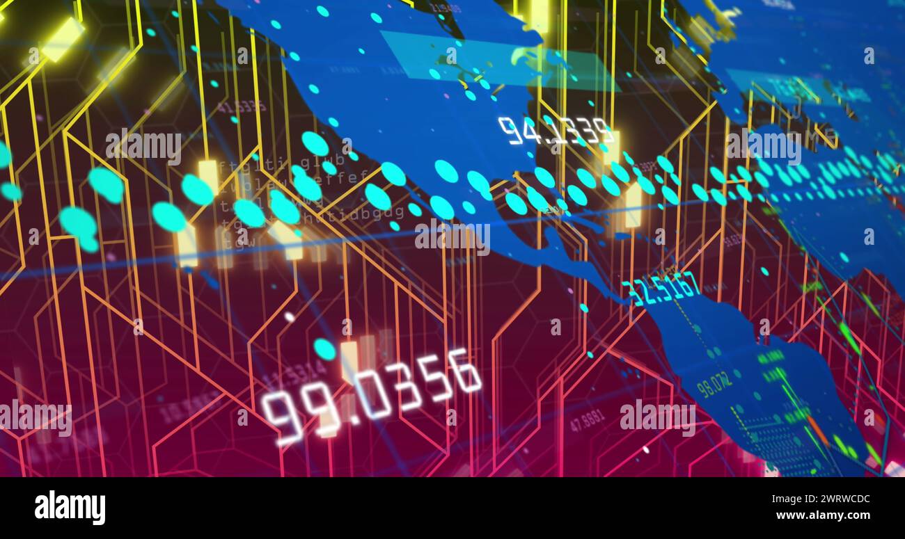 Image of world map and data processing over glowing light trails Stock ...