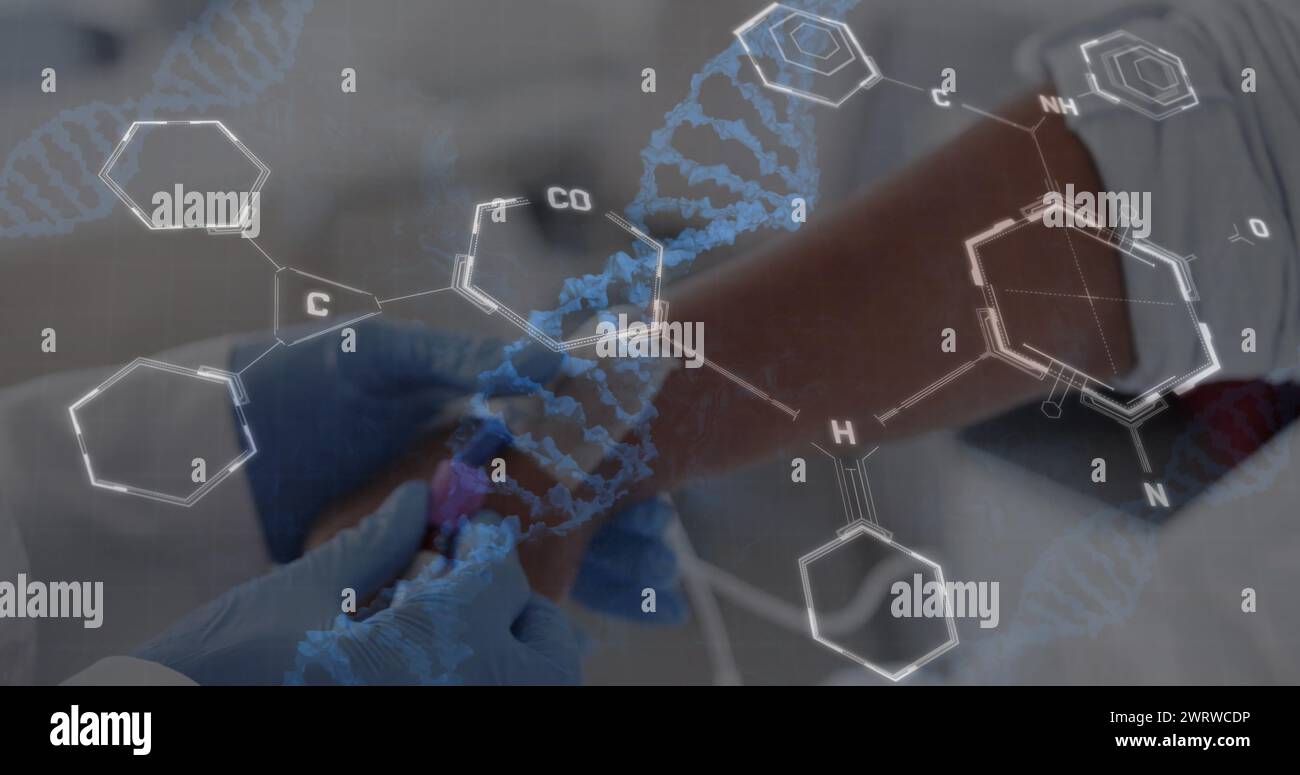 Image of dna strands and chemical formula over nurse and senior ...