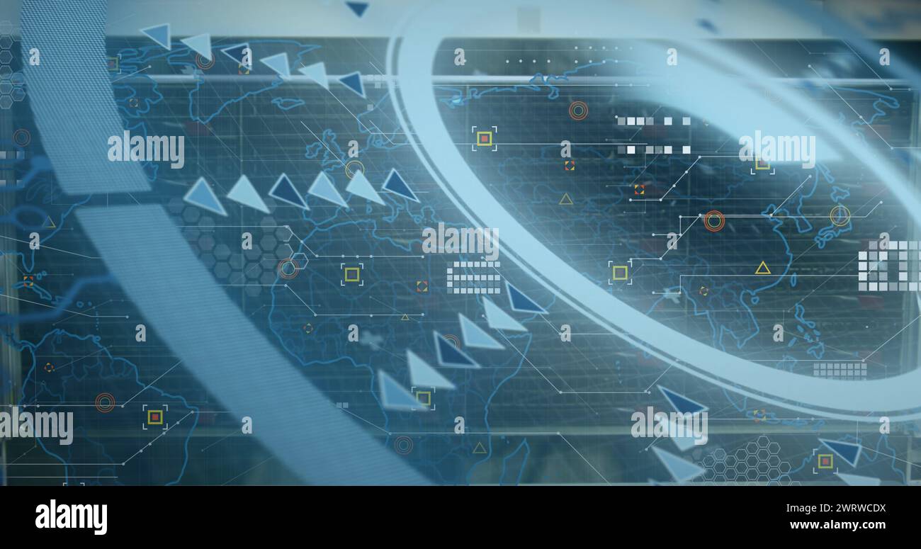Image of round scanner and data processing over world map against blue background Stock Photo ...