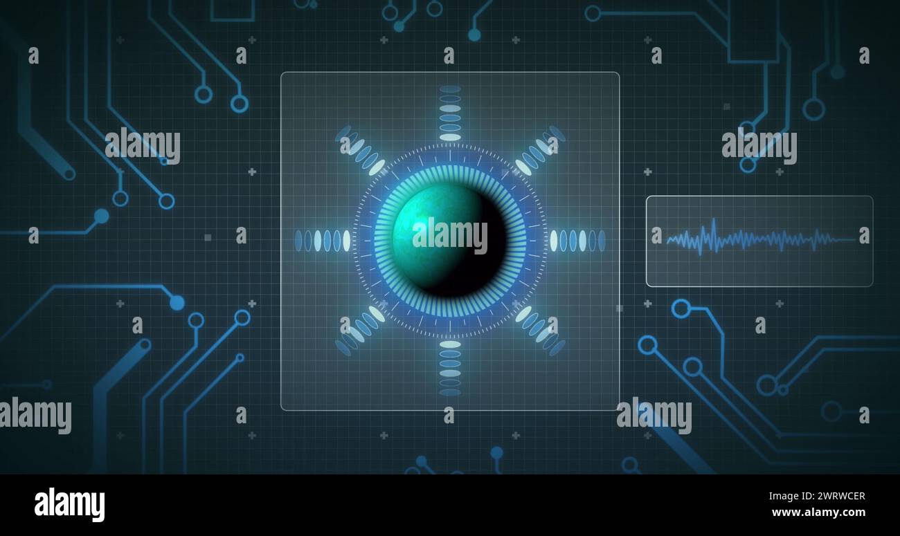 Image of globe, circuit board, data processing over grid Stock Photo - Alamy