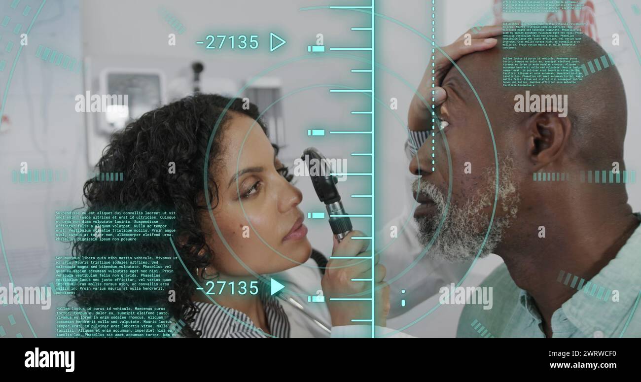 Image of data processing over diverse male patient and doctor checking ...