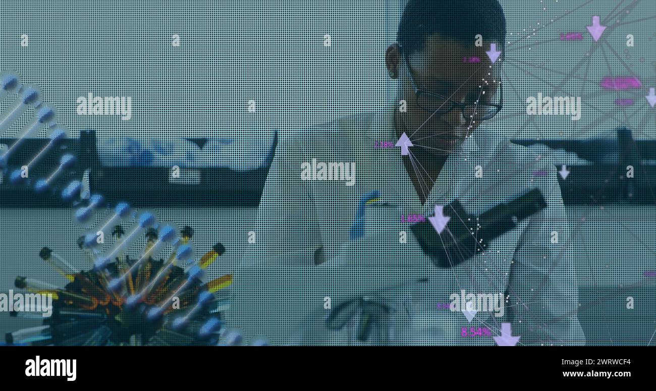 Image of 3d DNA strand and data spinning on a view of a female ...