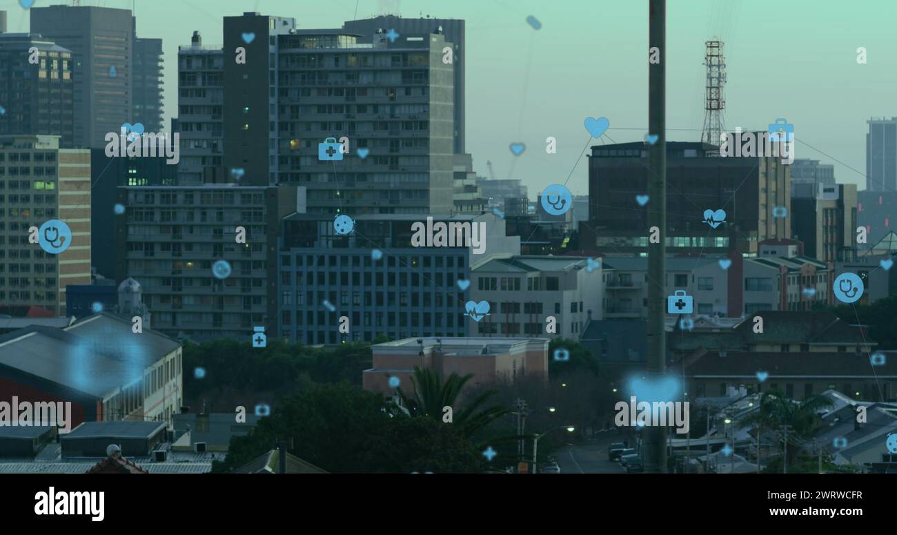 Image of connection and data processing over cityscape Stock Photo - Alamy