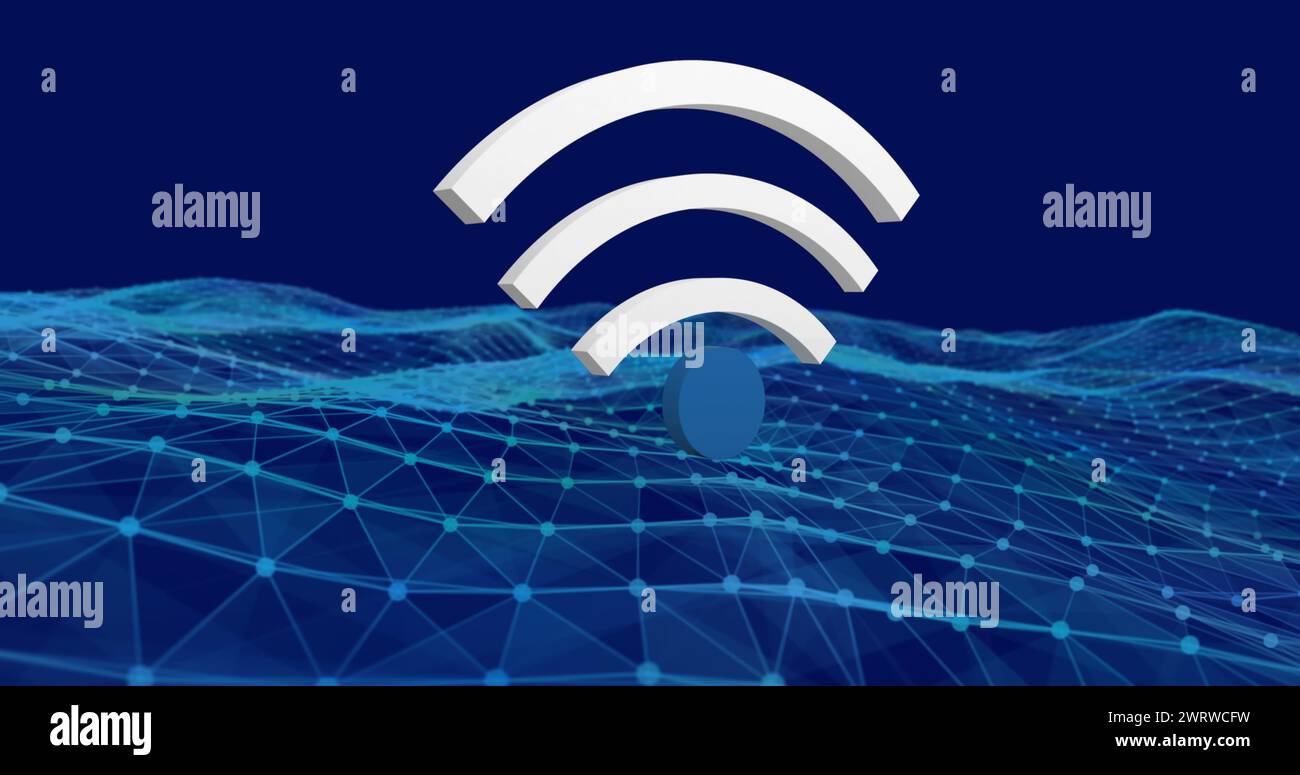Digital image of digital WiFi icon floating over blue digital waves ...
