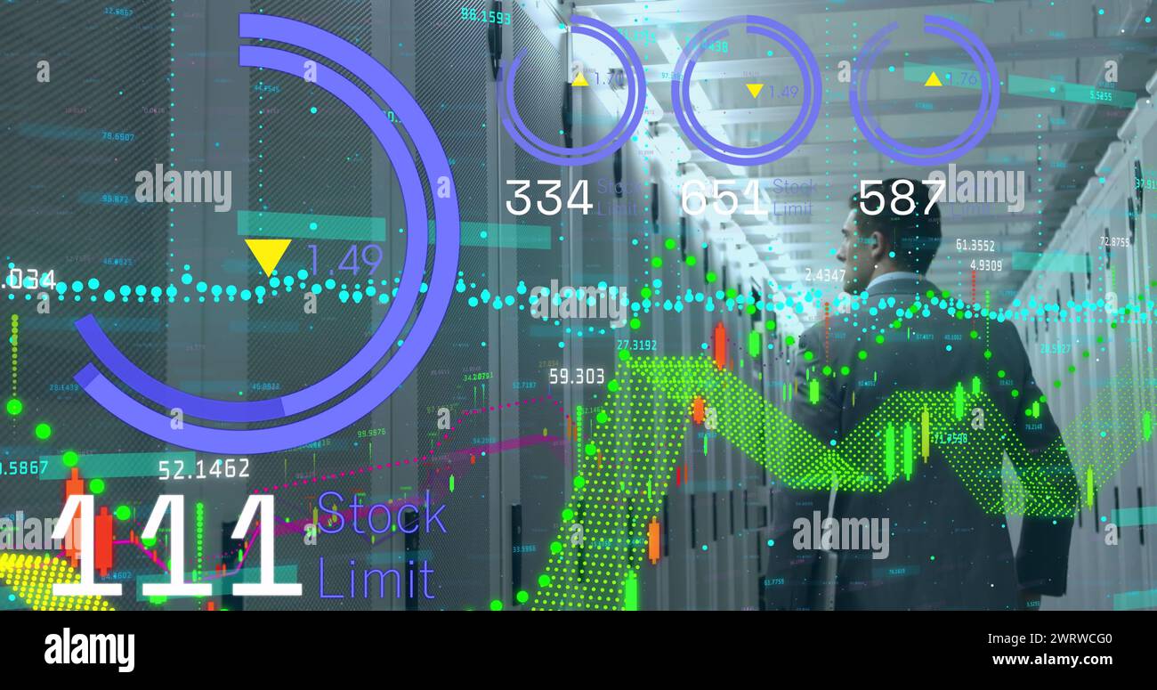 Image of data processing on charts and graphs over man inspecting equipment in server room Stock ...