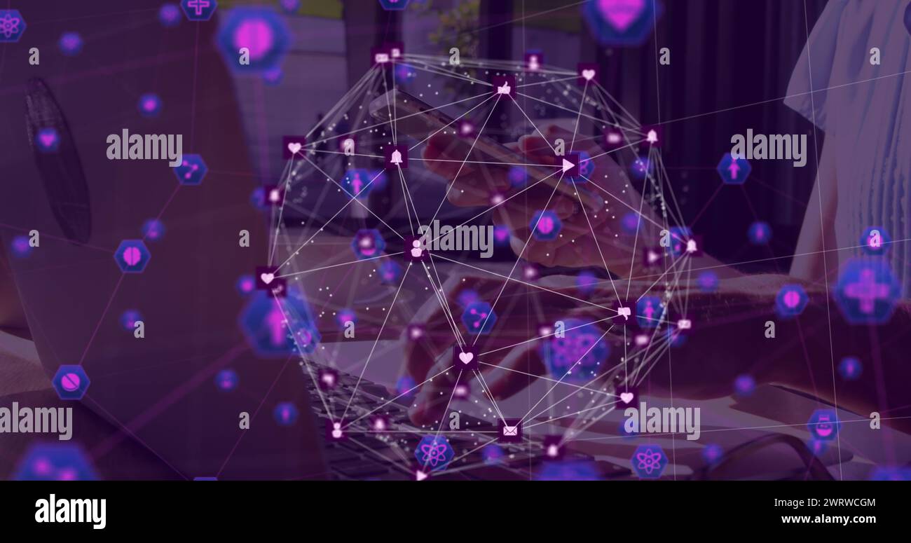 Digital composite image shows global networking with a woman using tech ...