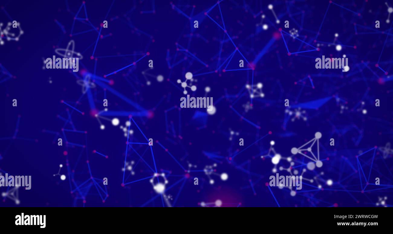 Digital Image Of Molecular Structures And Network Of Connections Moving Against Blue Background