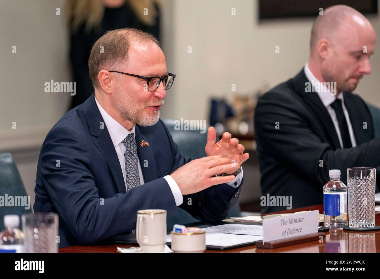 Latvian Defense Minister Andris Spruds speaks during a meeting with ...