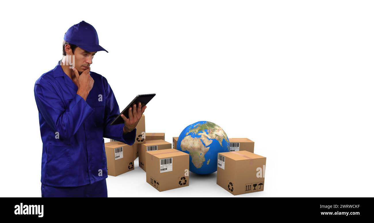 Image of warehouse worker using tablet with stacks of boxes and globe ...