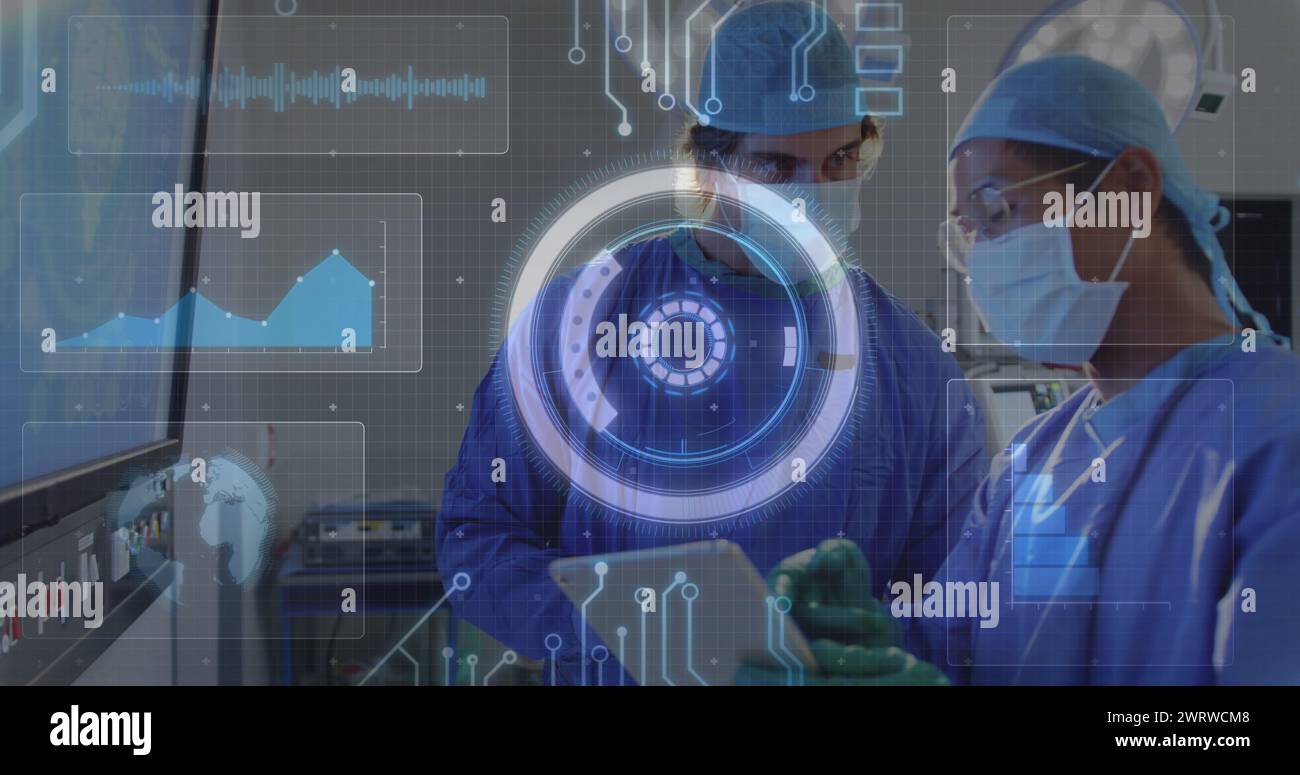 Image of scope, circuit board, data processing over surgeons Stock ...