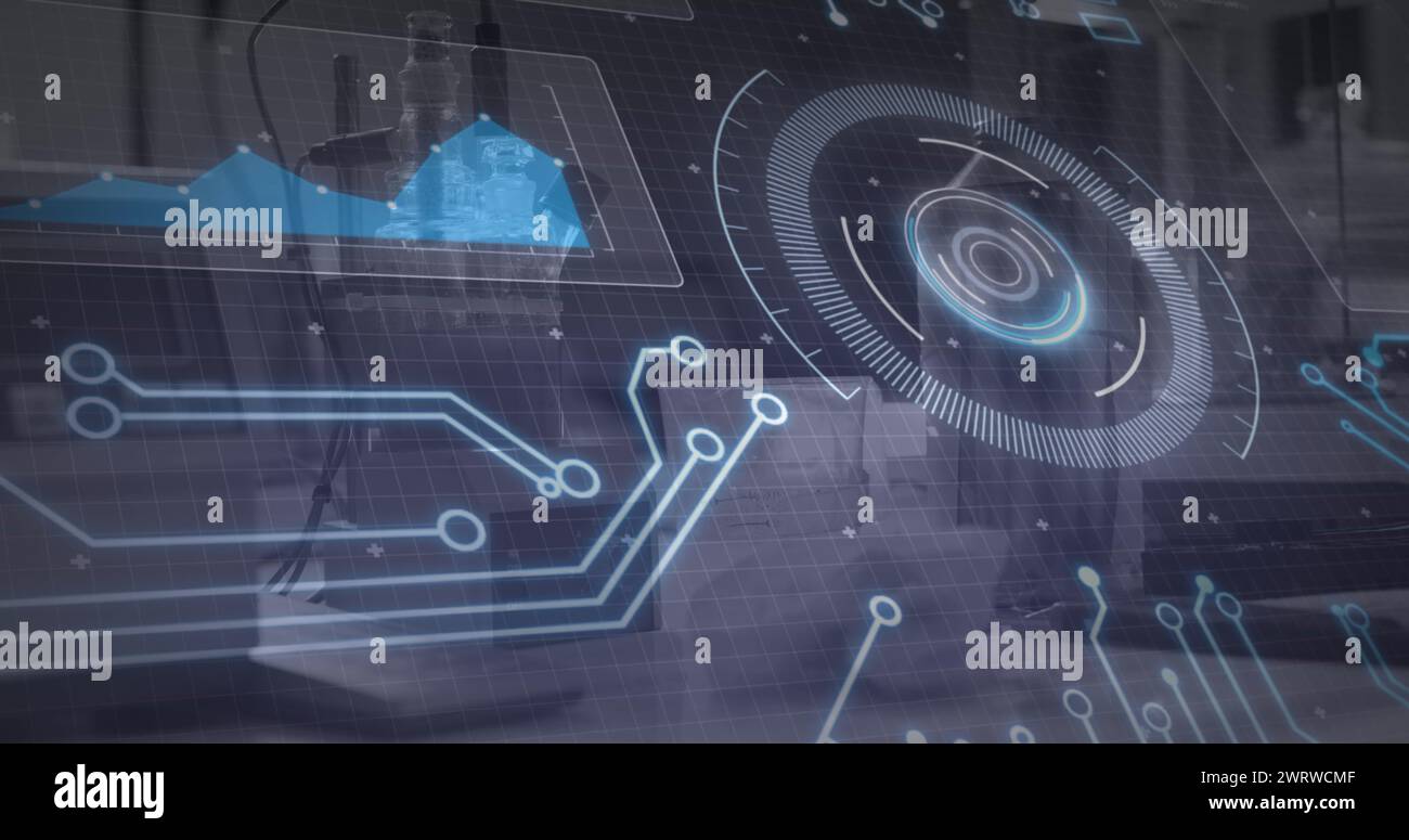 Image of scope, circuit board, data processing over laboratory Stock Photo - Alamy