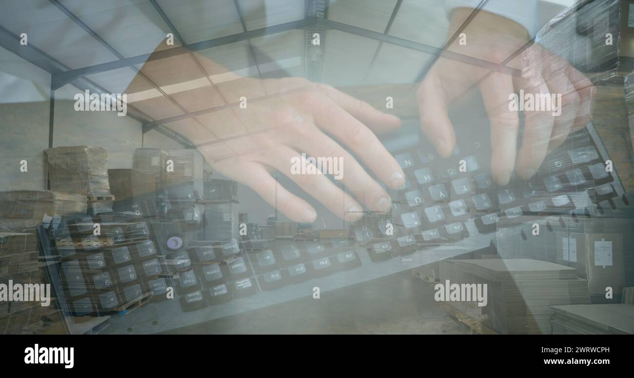 Image of woman typing on computer keyboard with stacks of boxes in ...