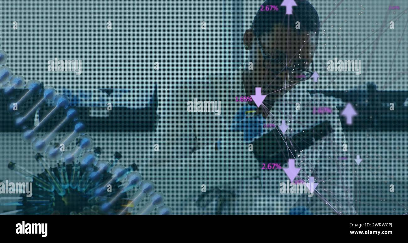 Image of 3d DNA strand and data spinning on a view of a female ...