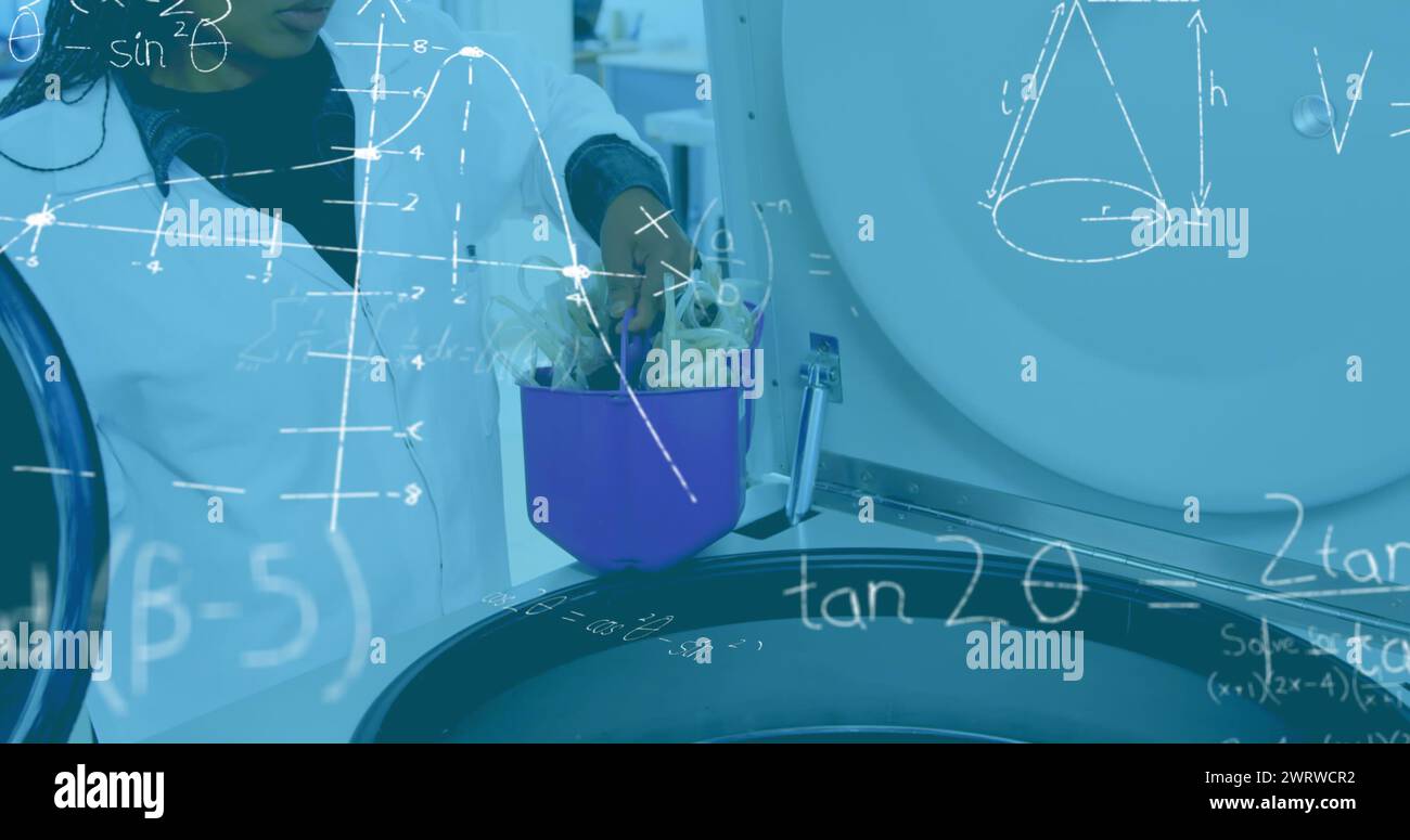 Image of mathematics formulae floating over a view of a female ...