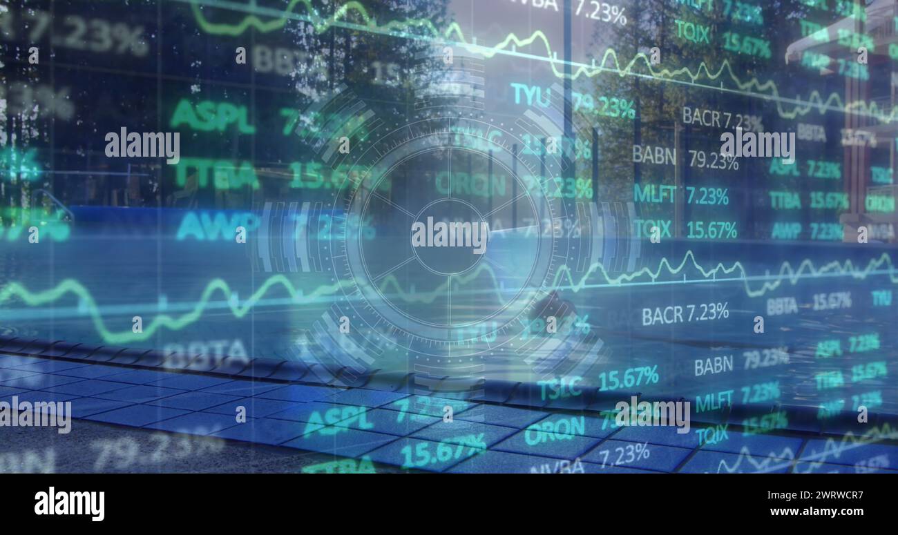 Image of processing circle, financial data and graphs over caucasian ...