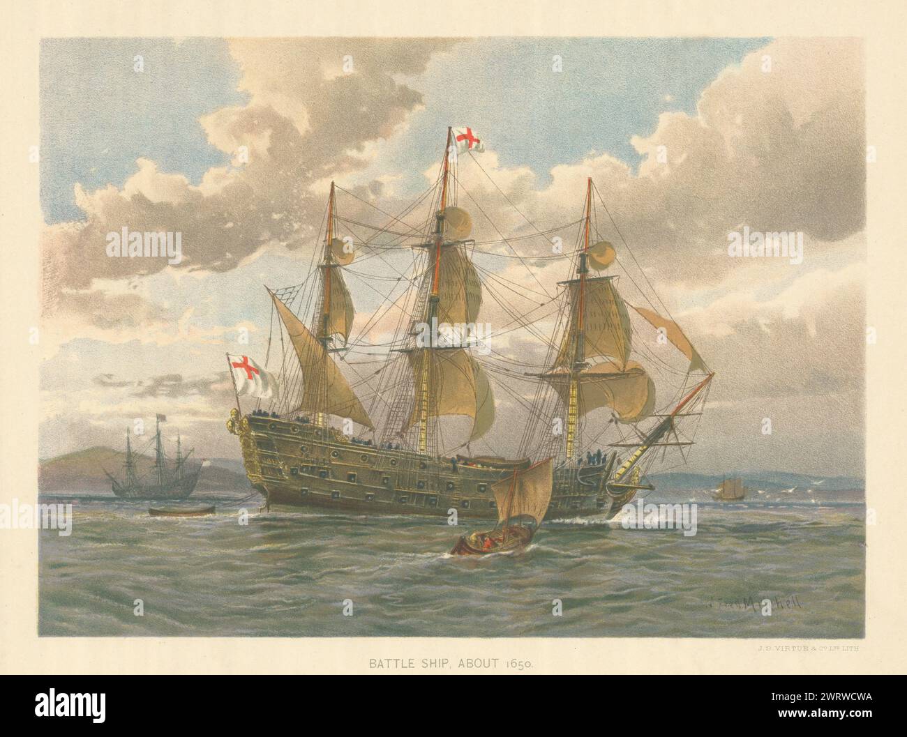 Battle Ship about 1650 by W.F. Mitchell. Royal Navy 1893 old antique ...