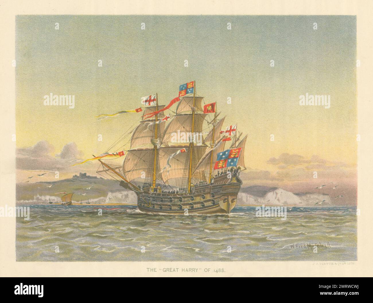 The "Great Harry" of 1488 by W.F. Mitchell. Royal Navy 1893 old antique ...