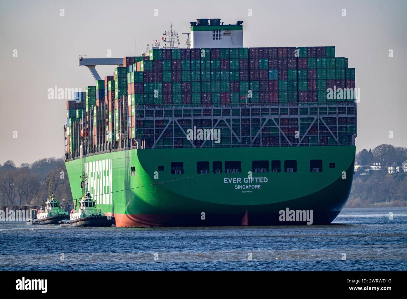 Container ship Ever Gifted, arriving at the port of Hamburg ...