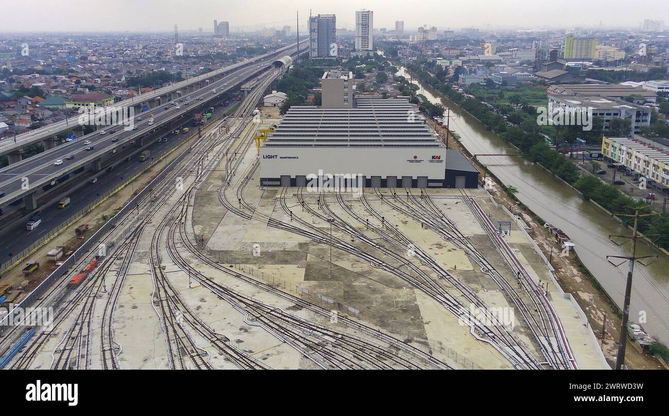 The atmosphere of the Jabodebek LRT depot in Bekasi, West Java ...