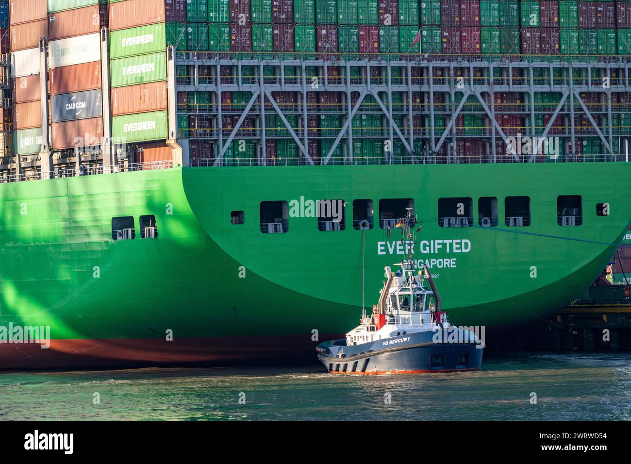 Container ship Ever Gifted, arriving at the port of Hamburg ...