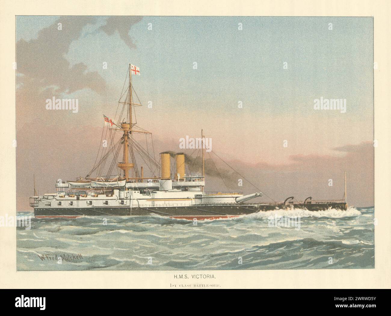 H.M.S. "Victoria", 1st class battleship (1887) by W.F. Mitchell. Royal ...