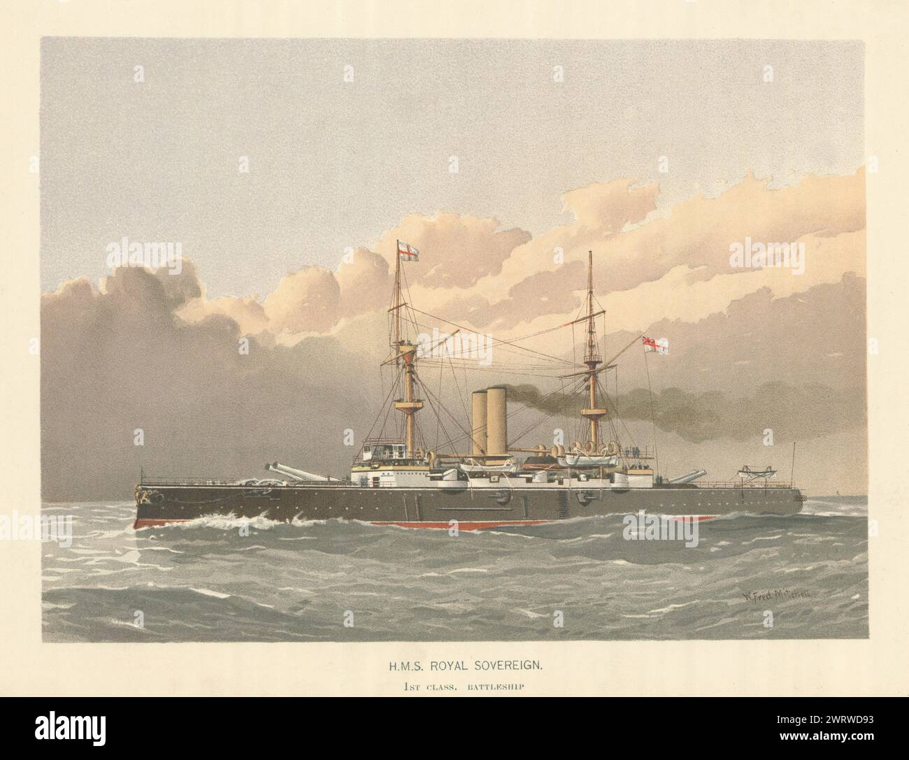 HMS Royal Sovereign, 1st class battleship (1893) by WF Mitchell. Royal ...