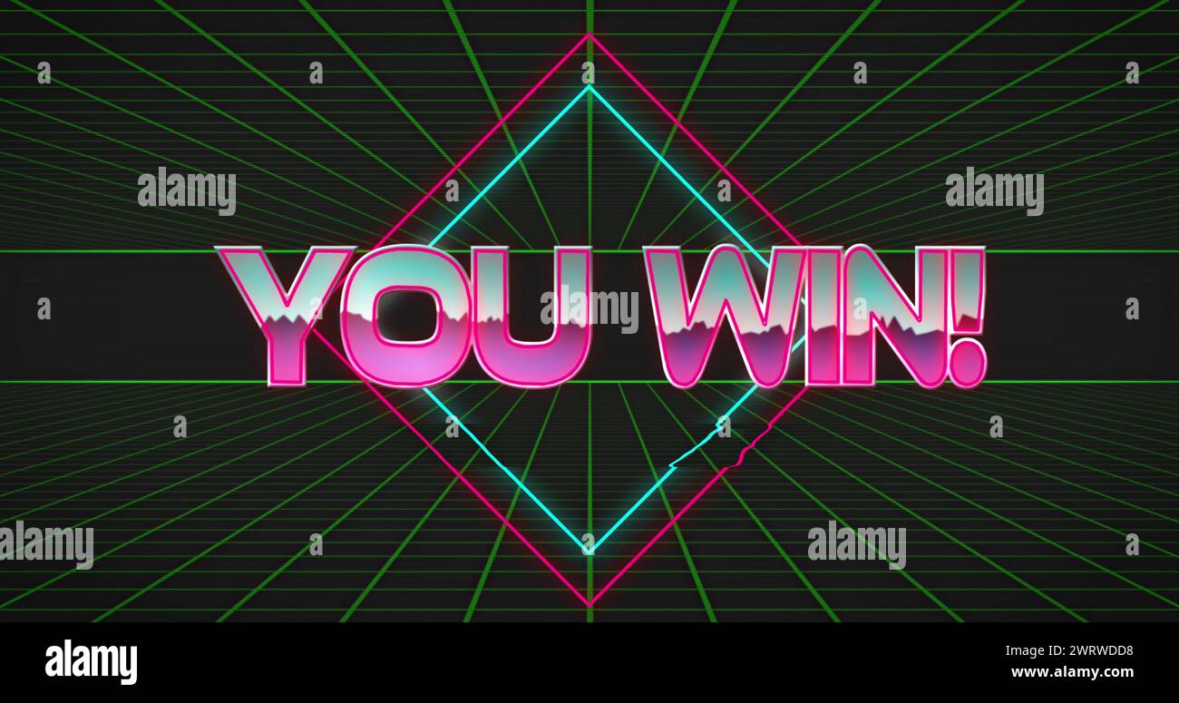 Image of you win text over shapes. Retro future and digital interface ...