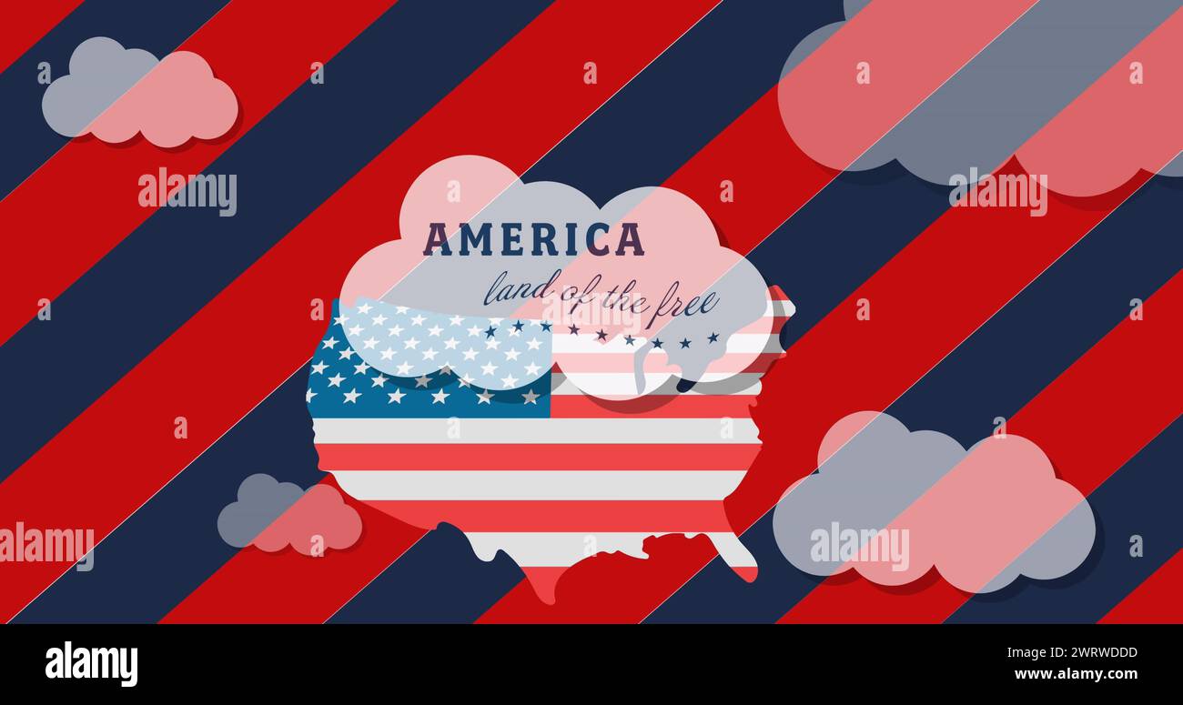 Image of rocket over white and red stripes, usa map and america land of ...