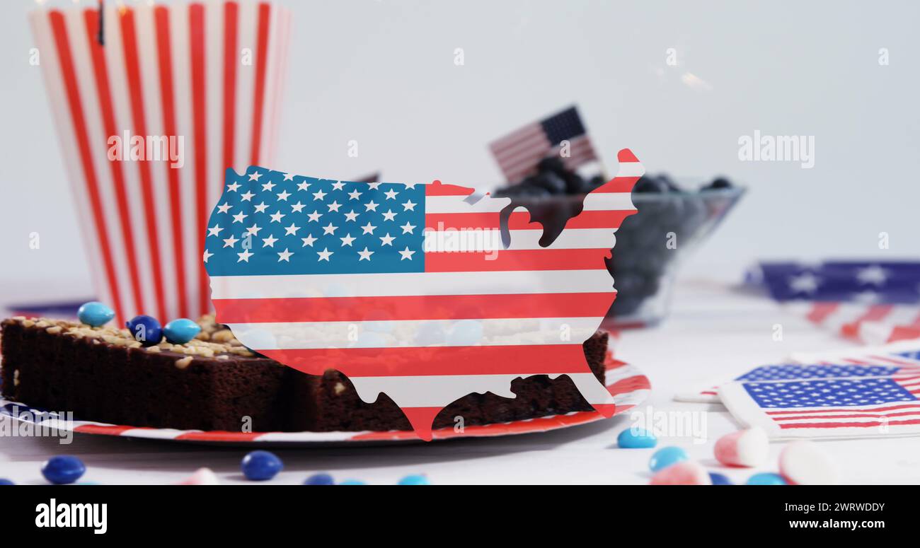 Image of usa map in colours on usa flag over cakes and desserts Stock ...