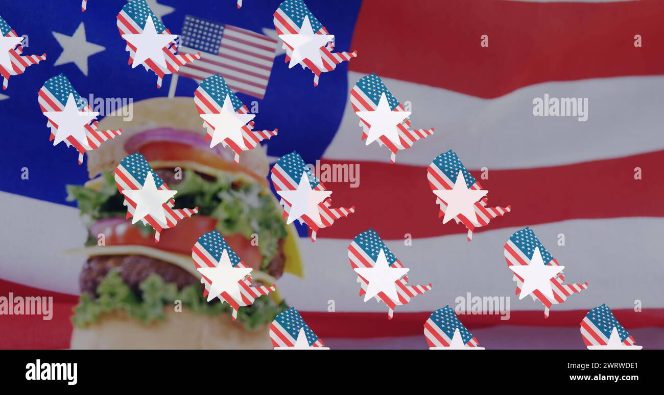 Image of usa flags wtih stars over hamburger on usa flag in background ...