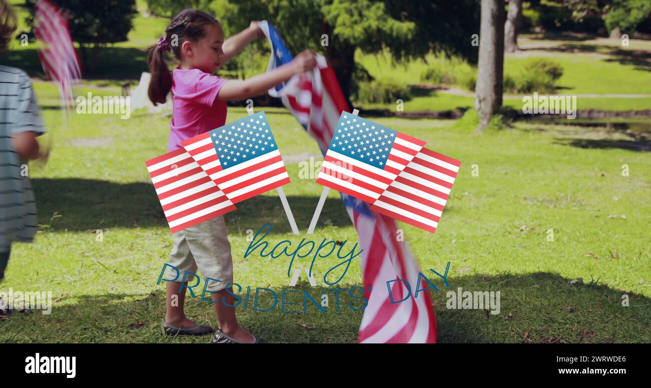 Image of usa flags over happy biracial boy and girl running with flags ...