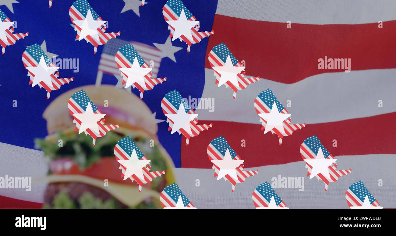 Image of usa flags wtih stars over hamburger on usa flag in background ...