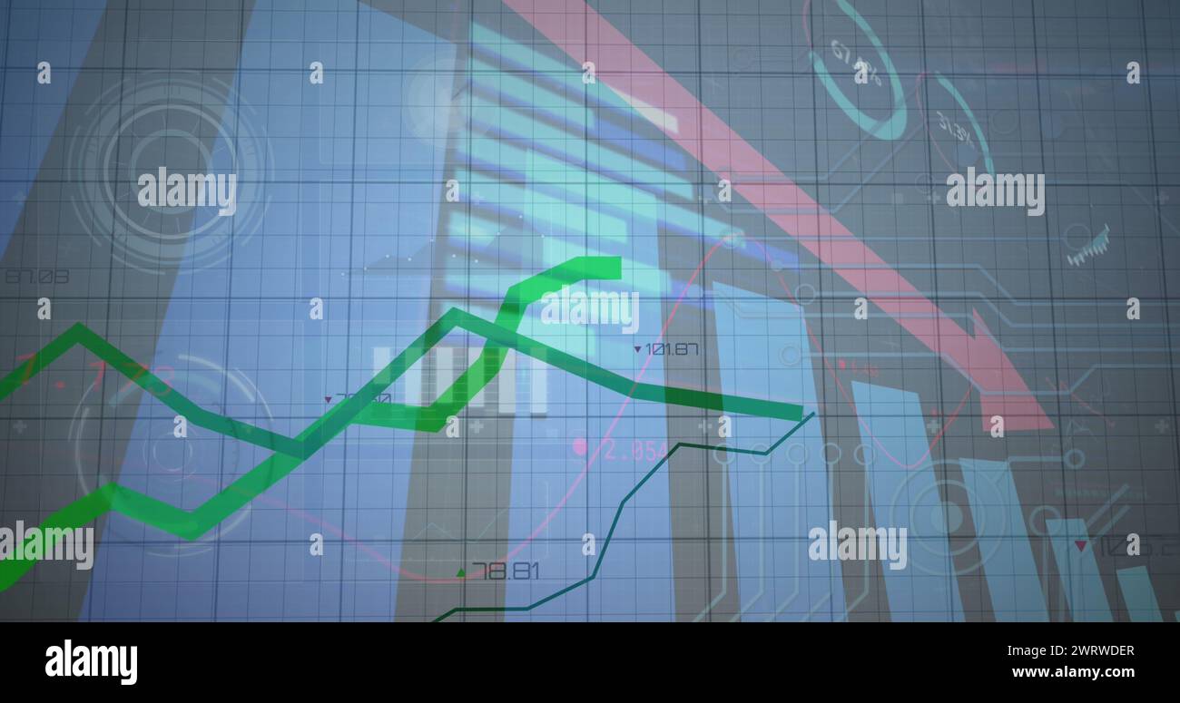 Image of red arrow, graphs and charts processing data on grey ...