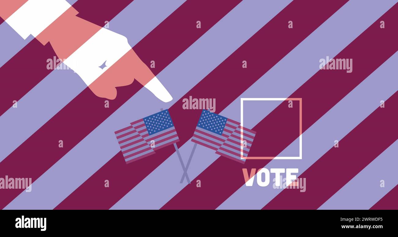 Image of hand, vote and american flags over red, white and blue striped ...