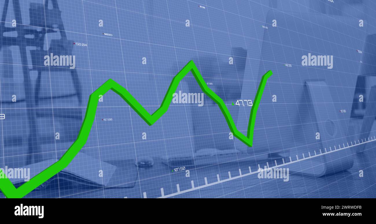 Image of line graph moving with numbers over desktop on desk in cabin ...