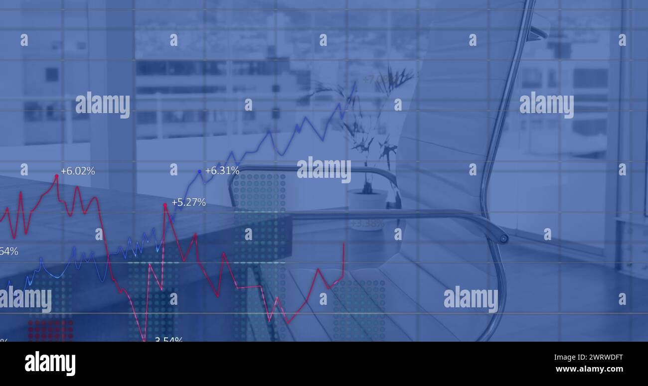 Image of red line, statistics and financial data processing over desk ...