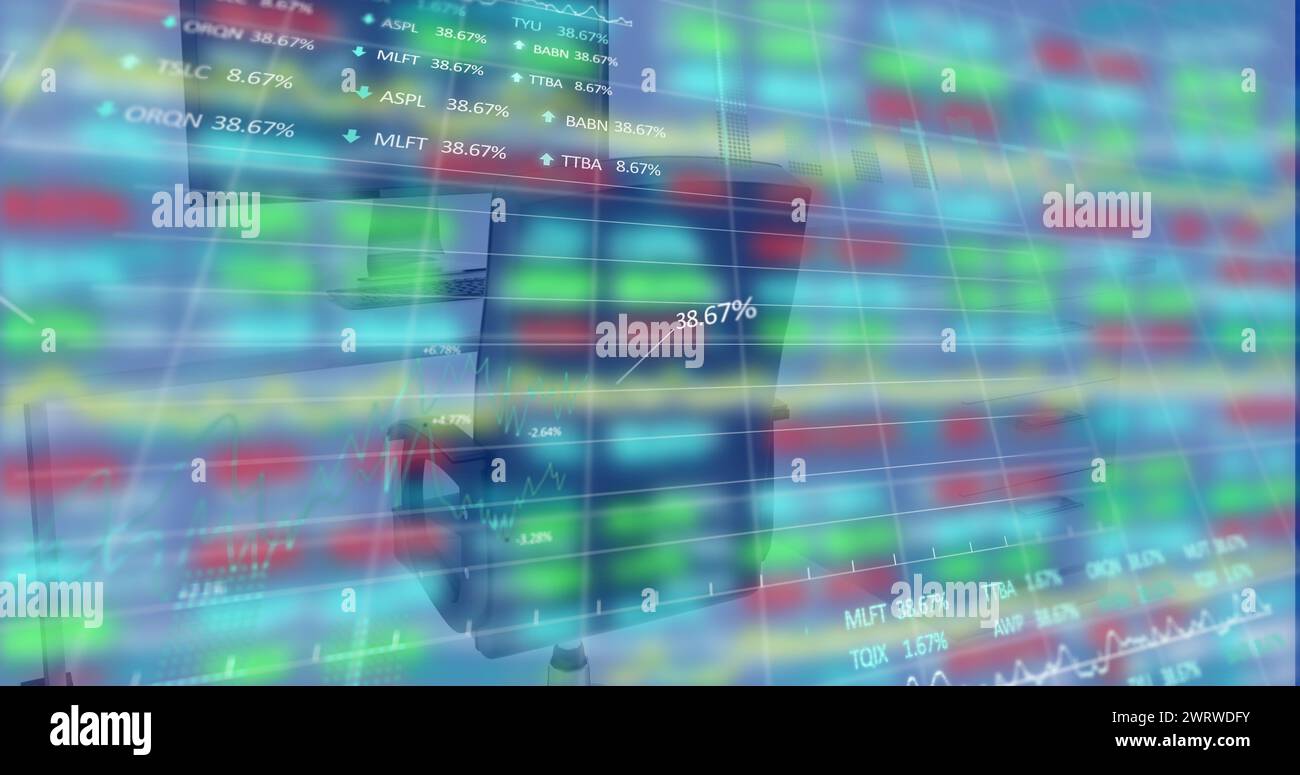 Image of trading board and line graphs moving over chair and computer ...