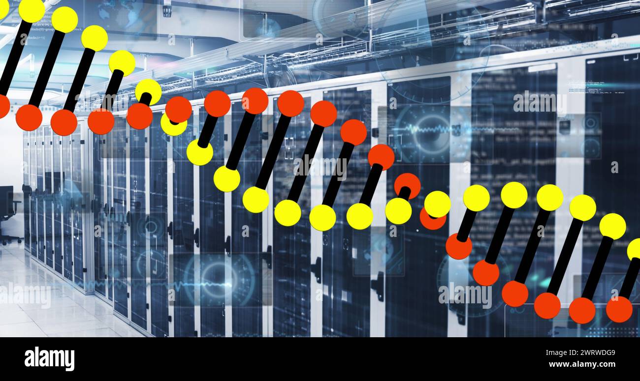 Image of dna strand spinning over statistics and data processing Stock ...