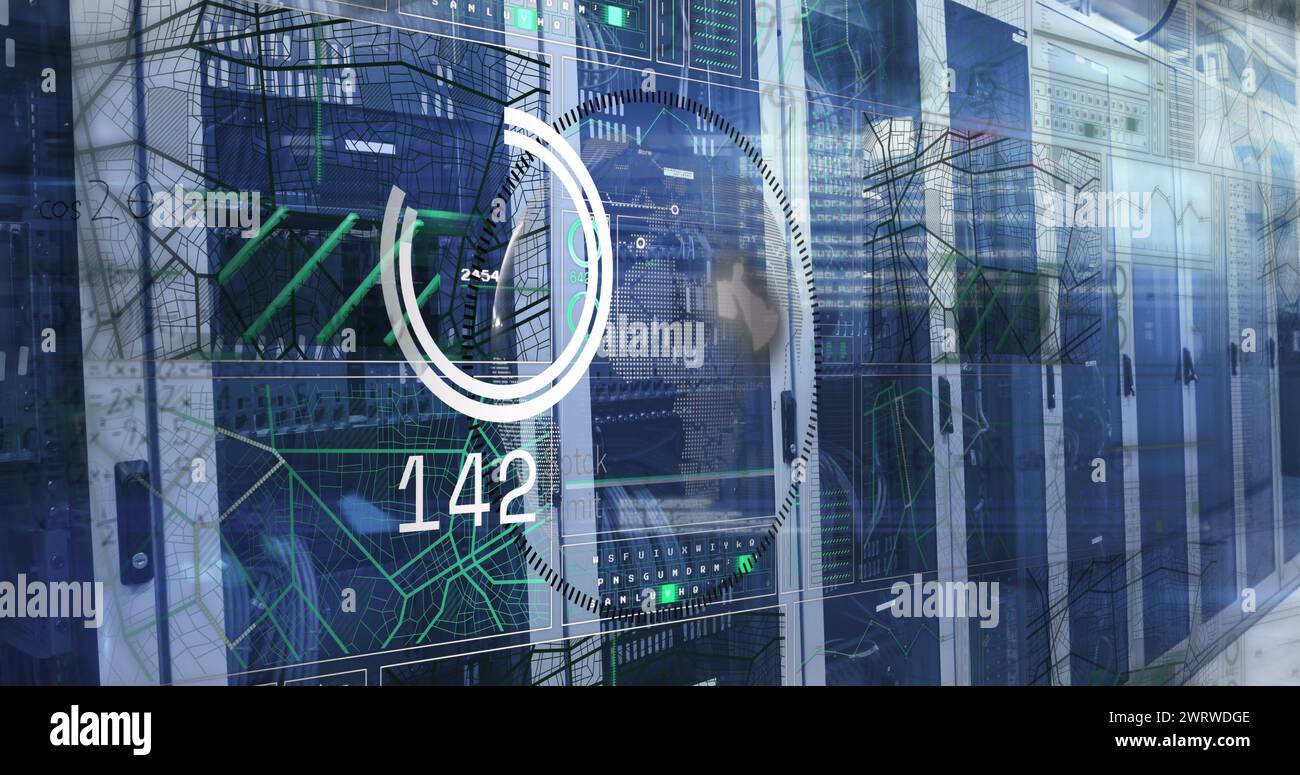 Image of scope scanning and data processing over tech room purple computer servers Stock Photo ...