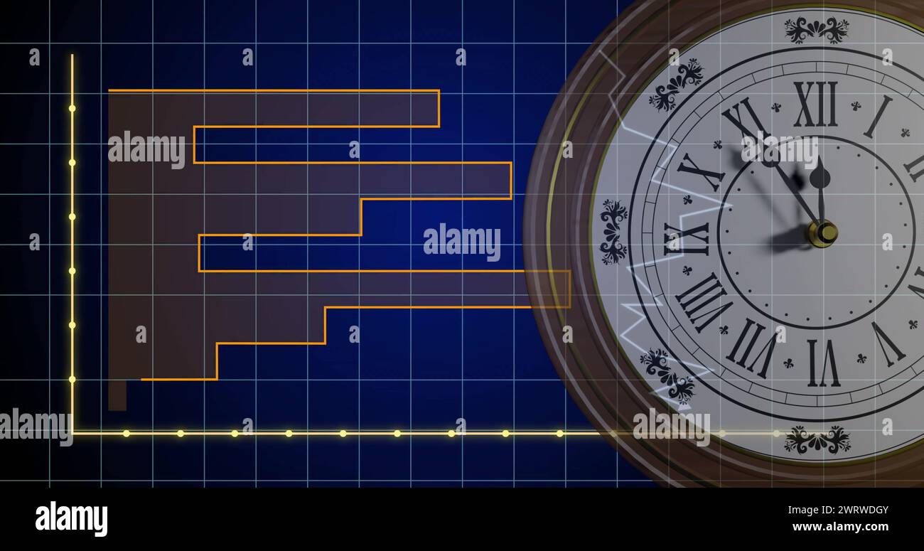 Image of diagram and clock on blue background Stock Photo - Alamy