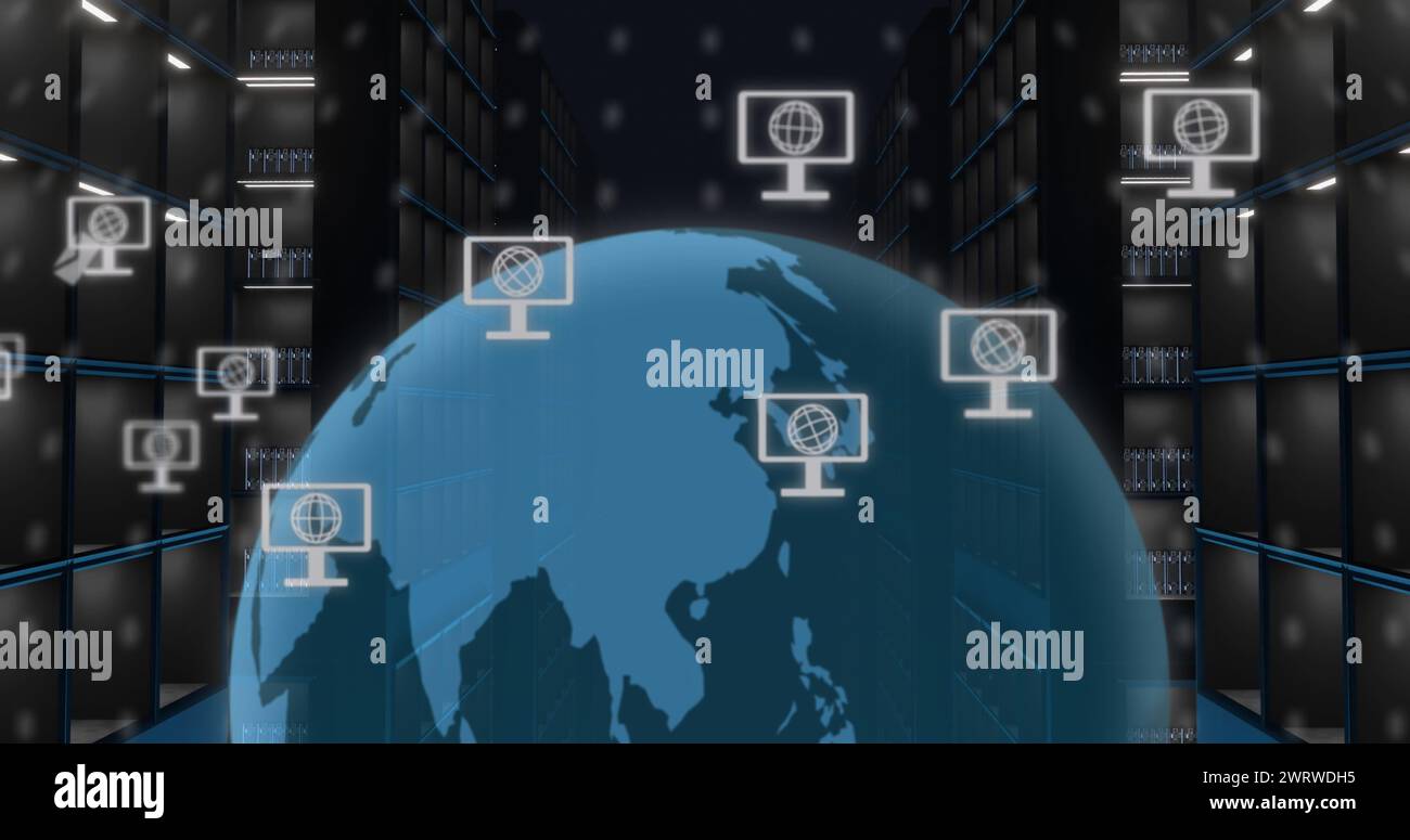 Image of globe and computer icons over computer servers Stock Photo - Alamy