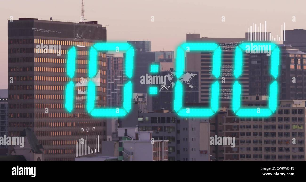 Image of diagrams and data processing with clock over cityscape Stock ...